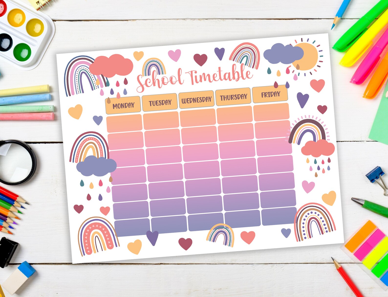 Boho Rainbow School Timetable Instant Download. Printable Back - Etsy