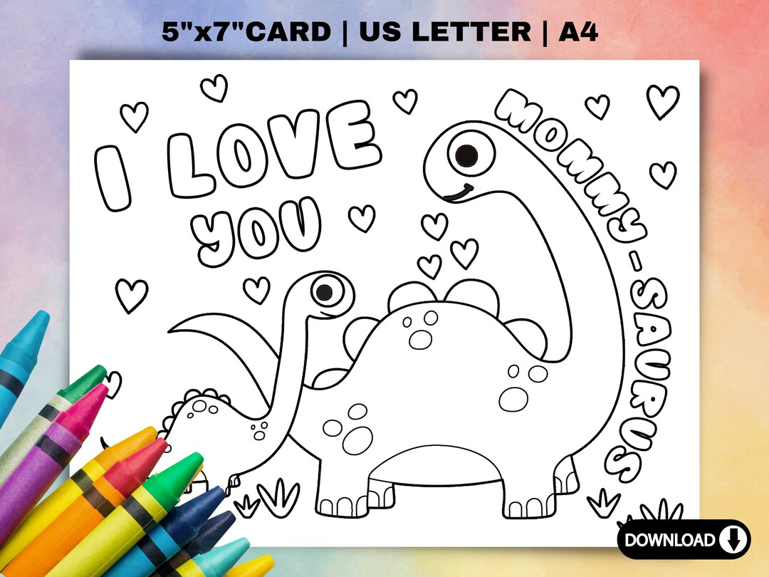 Dinosaur Birthday Coloring Card for Mom. Funny Mothers Day Card for ...
