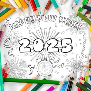 Printable Happy New Year 2025 Coloring Card for Kids. New Years Eve ...