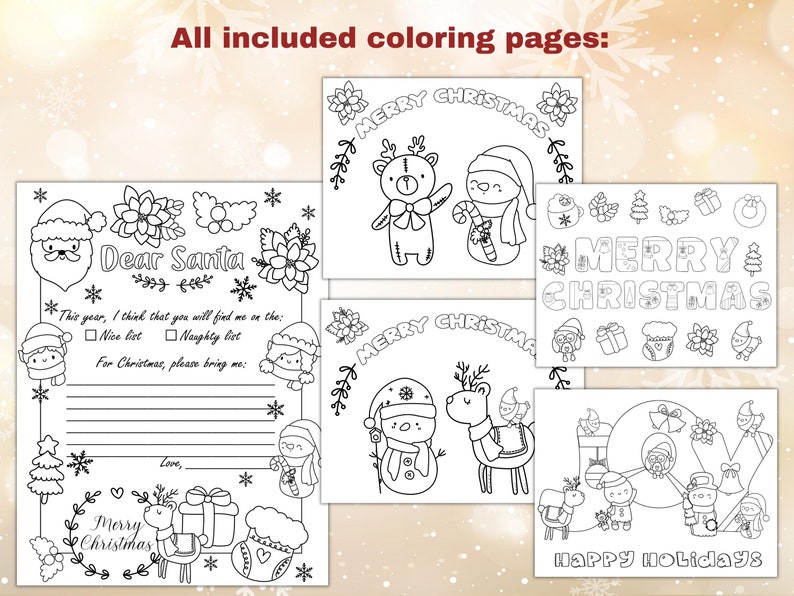 Printable Christmas Coloring Pages and Coloring Cards Pack for - Etsy