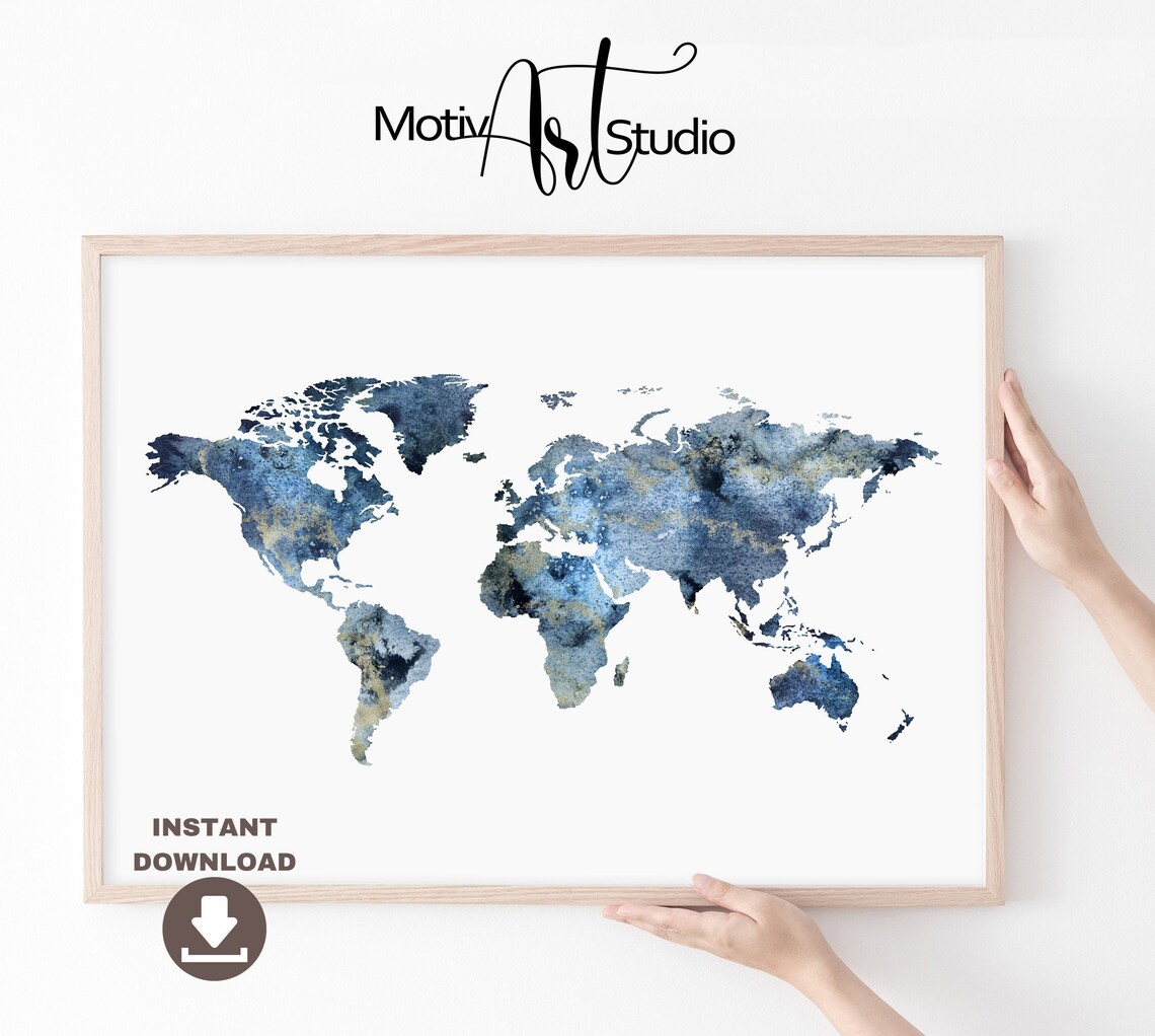 Instant Download Navy Blue and Gold World Map Print. Abstract - Etsy