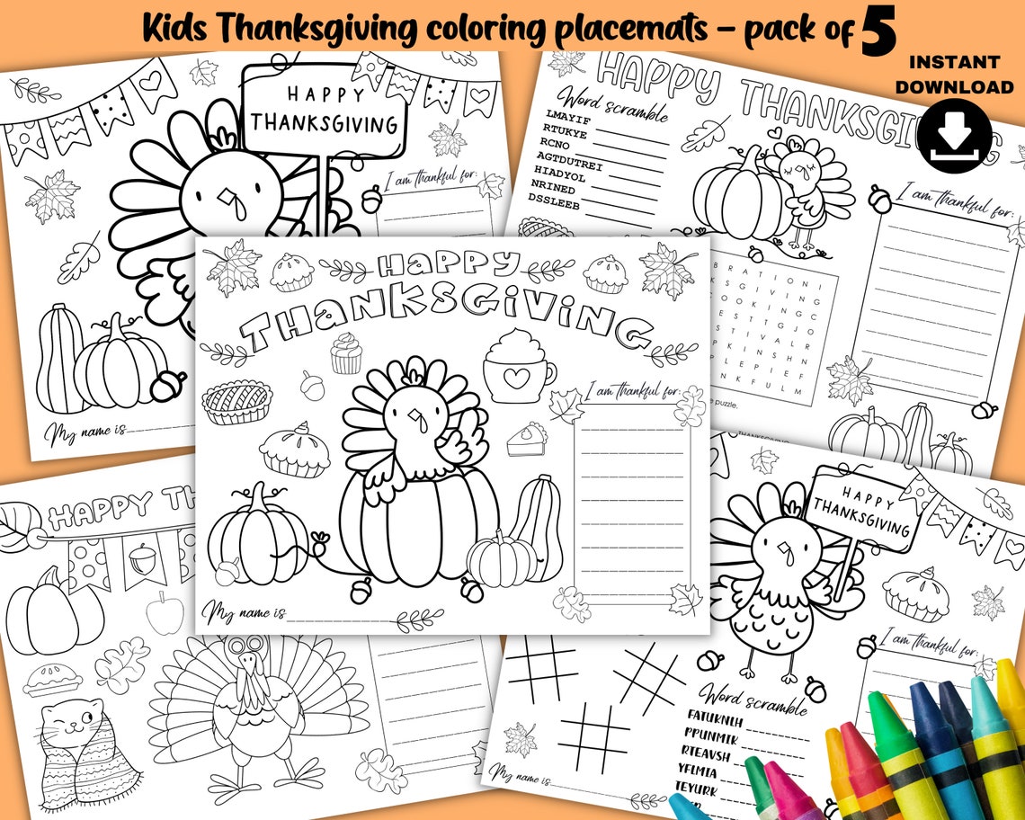 Thanksgiving Kids Coloring Placemats Pack of 5. Printable - Etsy