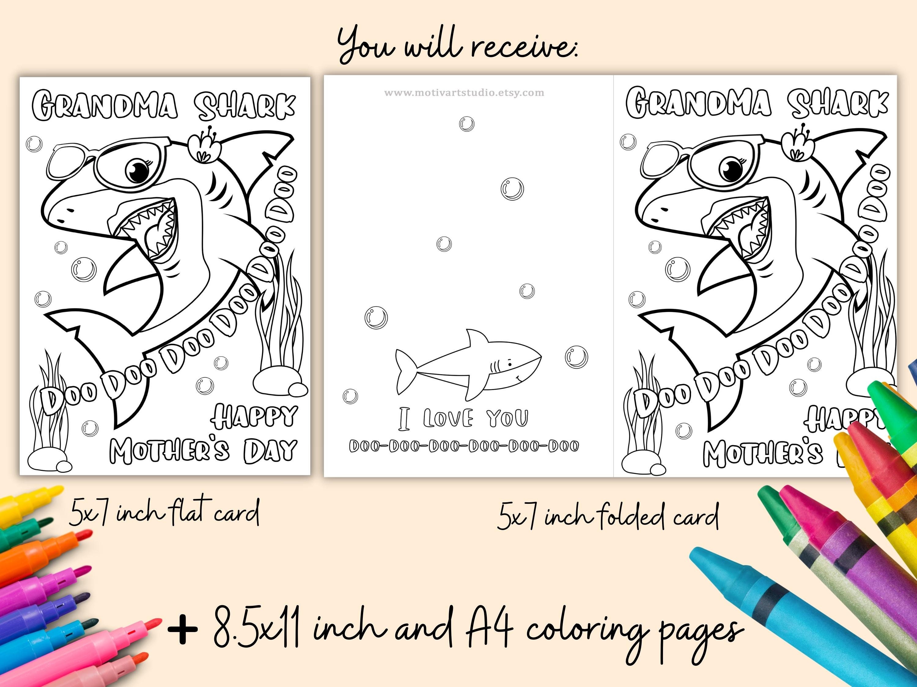 Grandma Shark Printable Mother's Day Coloring Card for - Etsy