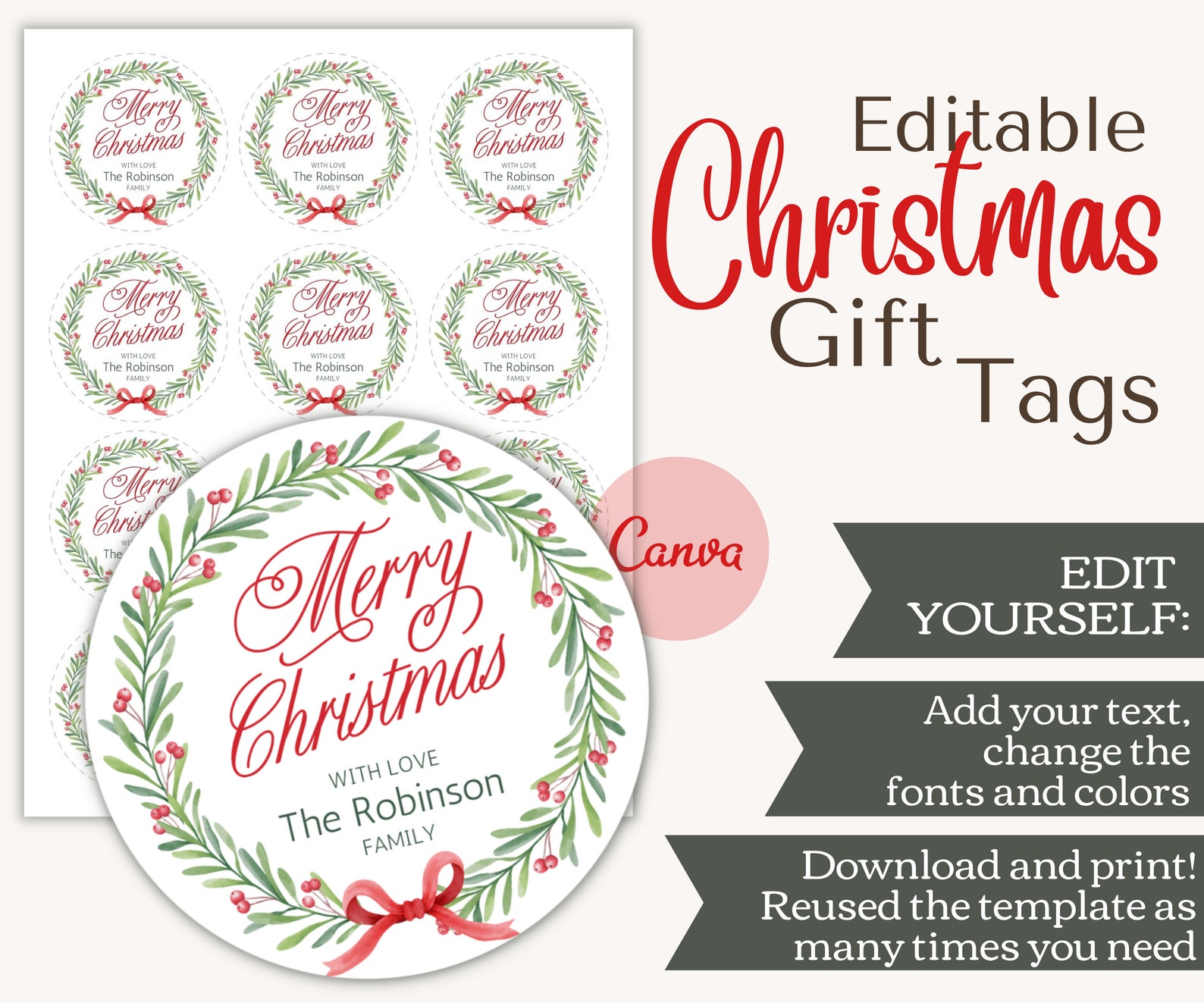 Printable Christmas Gift Tags. Editable Canva Christmas Tags | Etsy