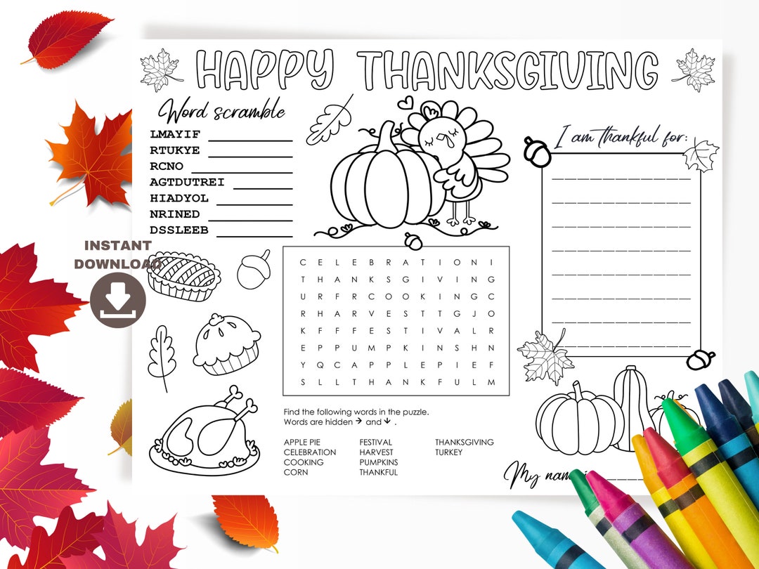 Kids Coloring Placemat for Thanksgiving Dinner. Printable Thanksgiving ...