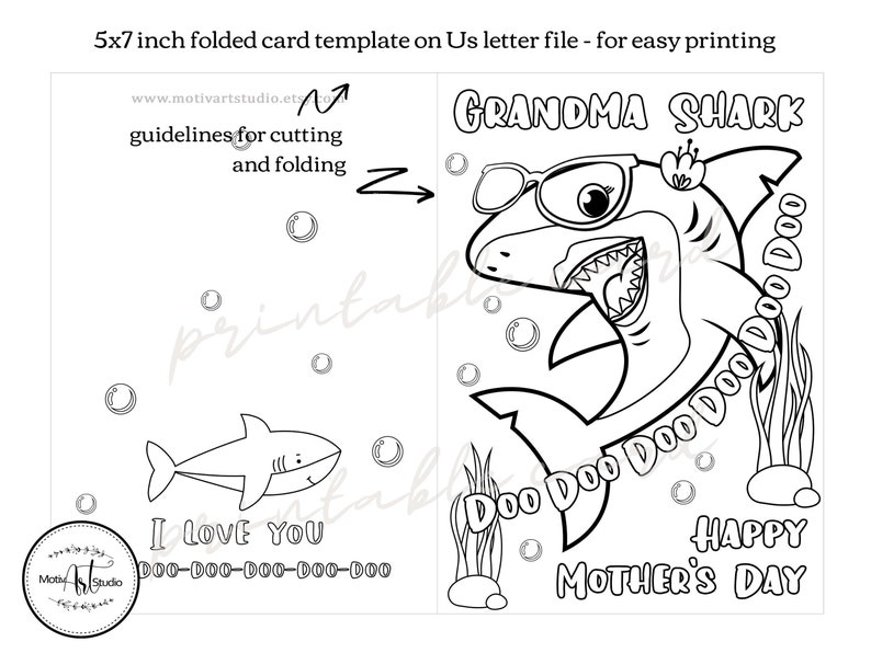 Grandma Shark Printable Mother's Day Coloring Card for - Etsy