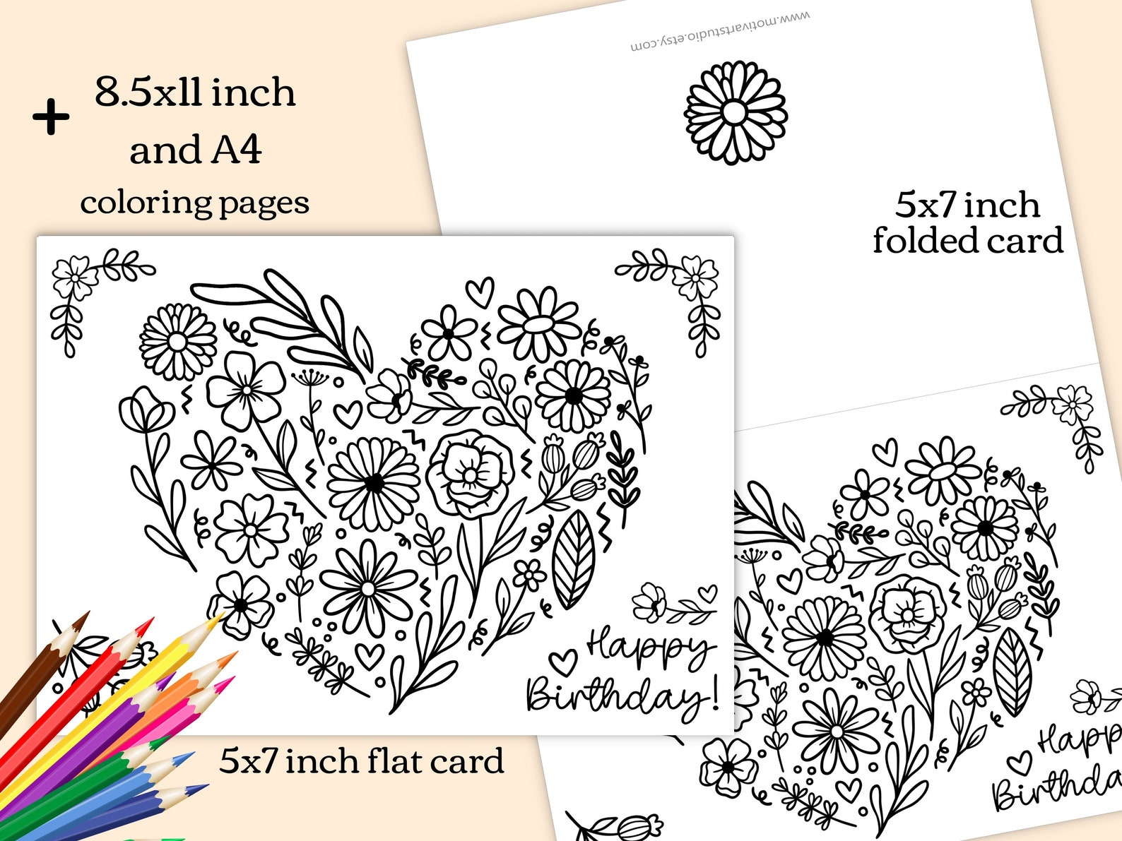 Floral Heart Coloring Birthday Card for Mom, Grandma (digital Download ...