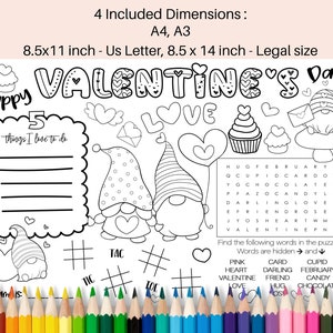 Valentine Gnomes Kids Valentines Coloring Placemat. Printable Valentine ...