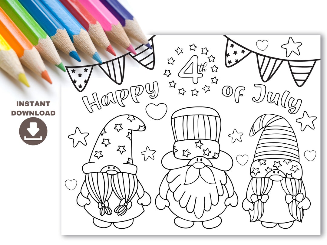 4th of July Gnomes Coloring Page and Coloring Card for Kids. Printable ...