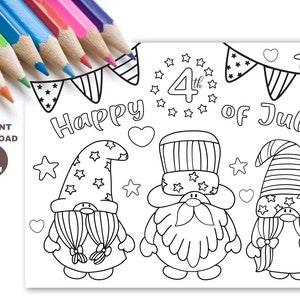 4th of July Gnomes Coloring Page and Coloring Card for Kids. Printable ...