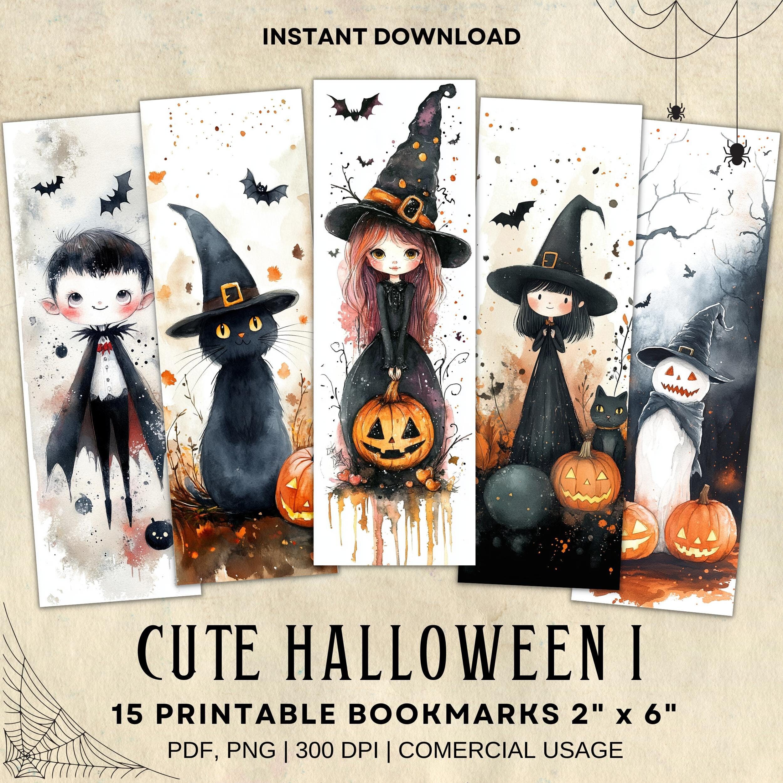 Cute Halloween Bookmarks Set, Watercolor Style (PDF & PNG) - Etsy