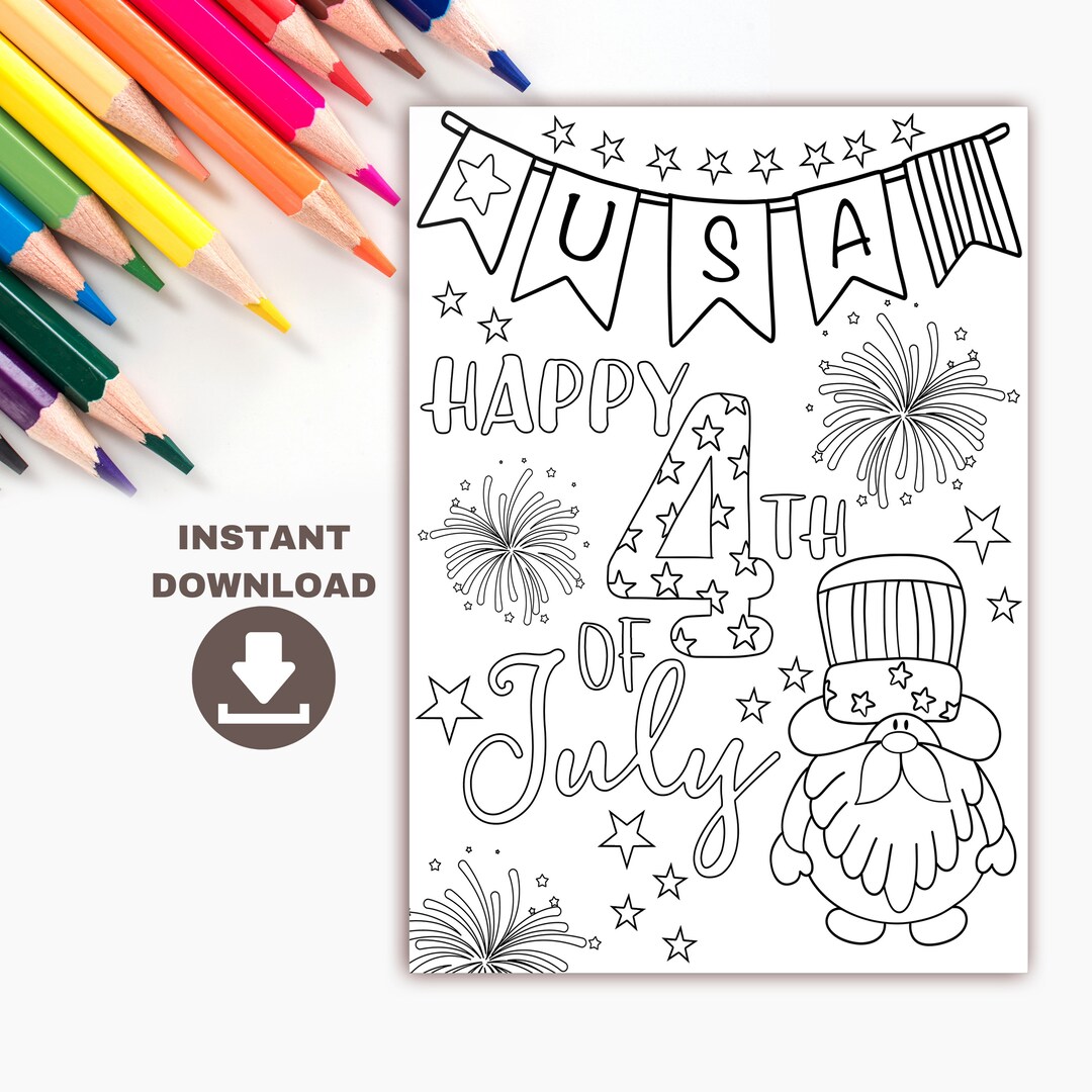Printable 4th of July Gnome Coloring Card and Coloring Page for Kids ...