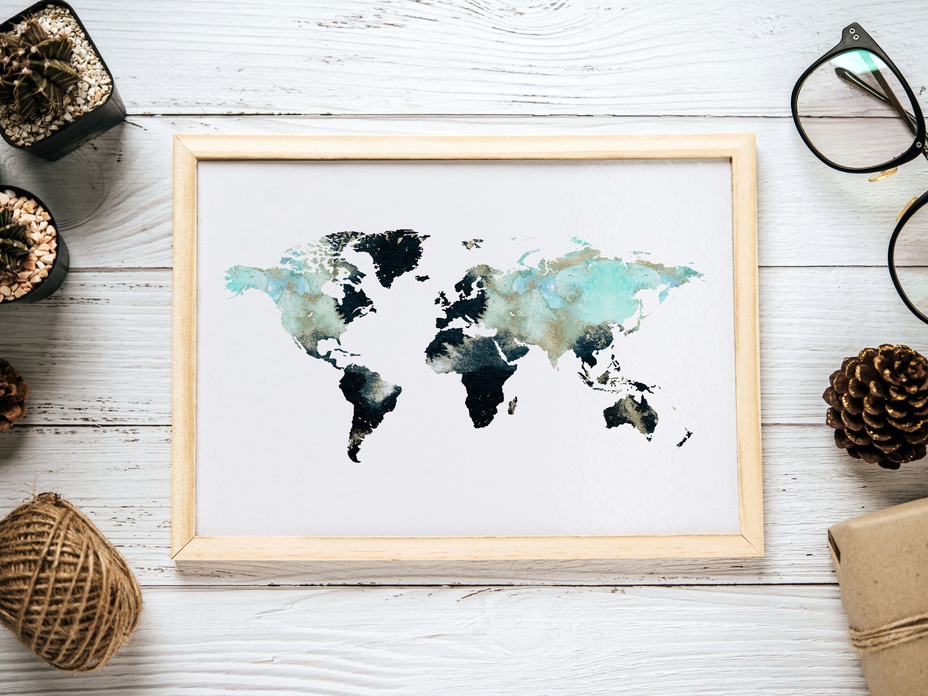 Printable Gold and Blue World Map Print. Modern Watercolor | Etsy
