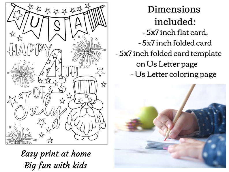 Printable 4th of July Gnome Coloring Card and Coloring Page - Etsy