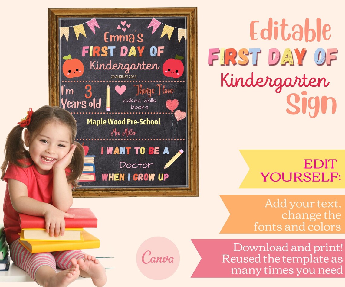 First Day of Preschool Editable Template for Girls. Back to - Etsy