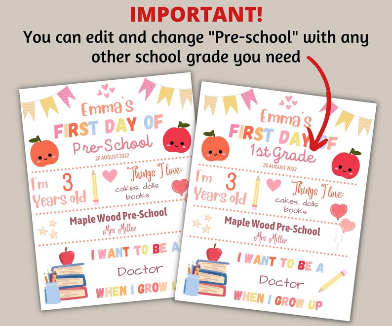 Editable First Day of School Template for Girls. Back to - Etsy