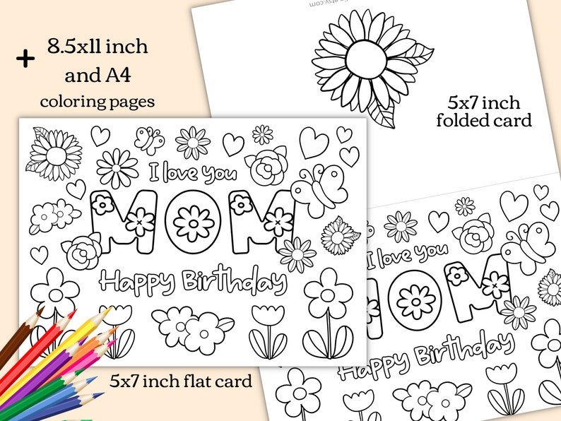Printable Coloring Birthday Card for Mom. Happy Birthday Mom - Etsy