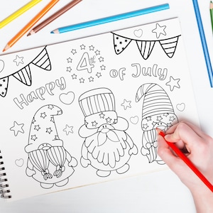 4th of July Gnomes Coloring Page and Coloring Card for Kids. Printable ...