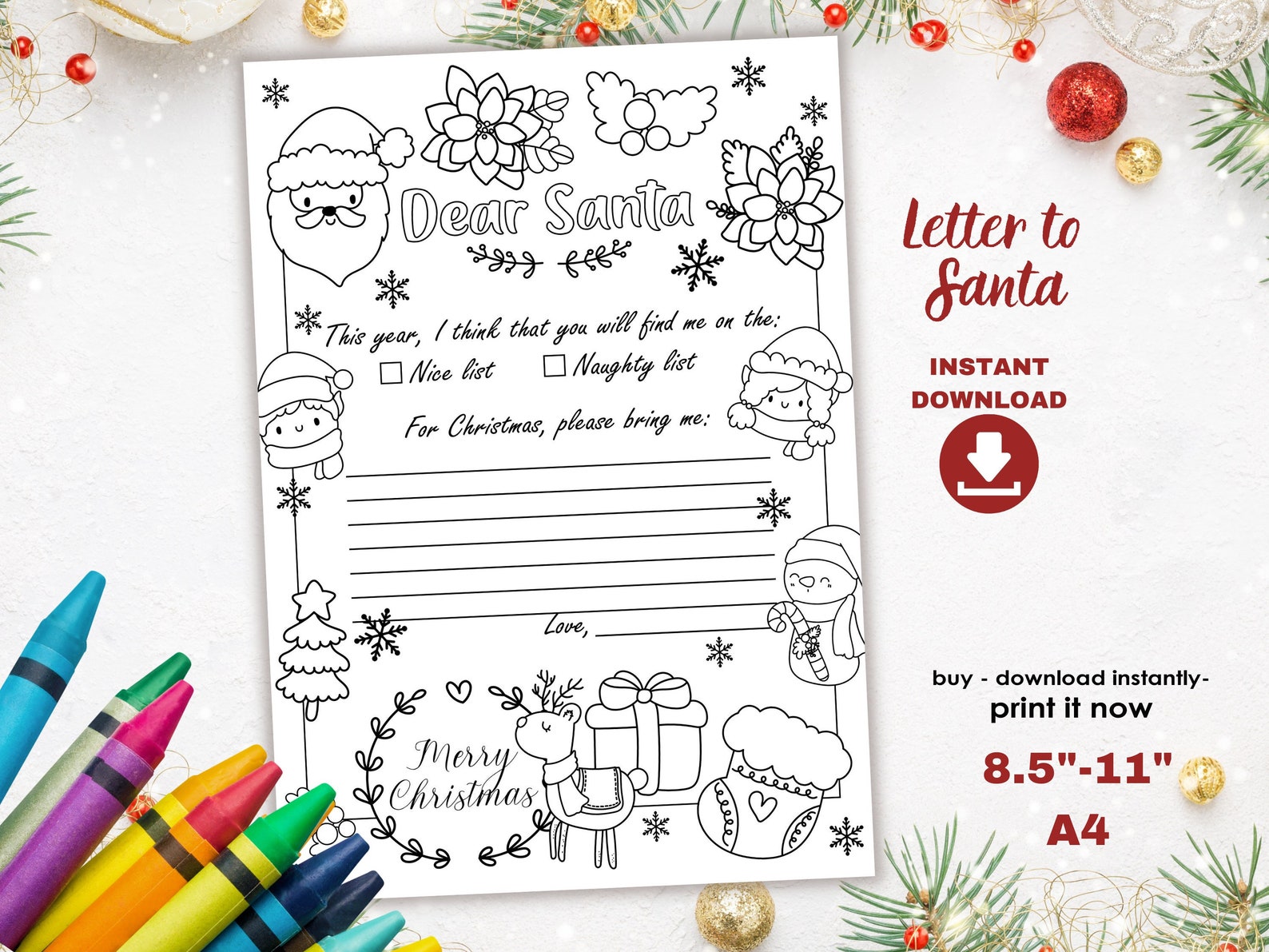 Letter to Santa Coloring Page Instant Download. Printable - Etsy