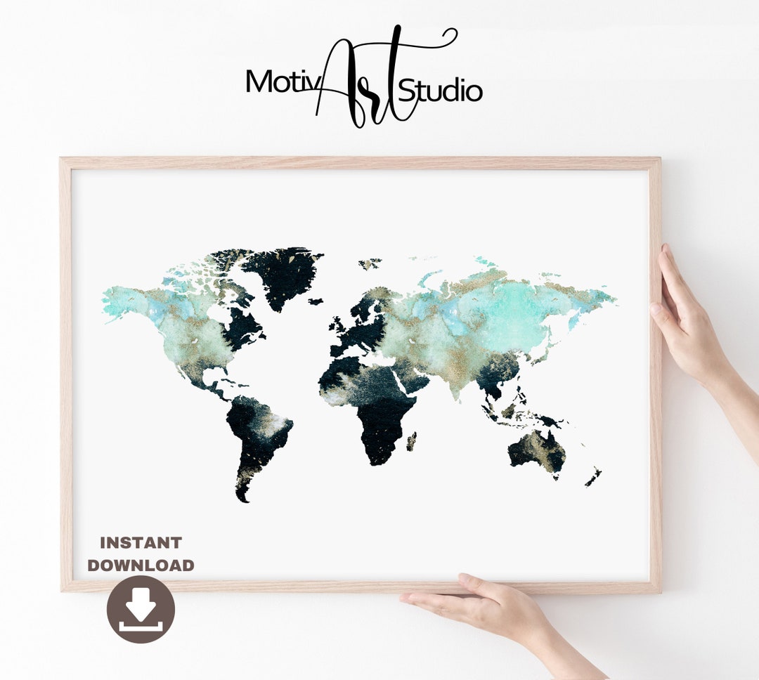 Printable Gold and Blue World Map Print. Modern Watercolor World Map ...
