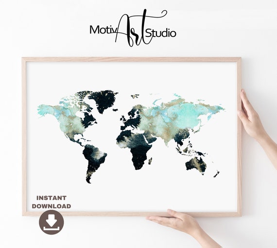 Printable Gold and Blue World Map Print. Modern Watercolor | Etsy