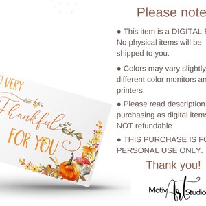Printable Thankful for You Thanksgiving Card. Instant Digital Download ...