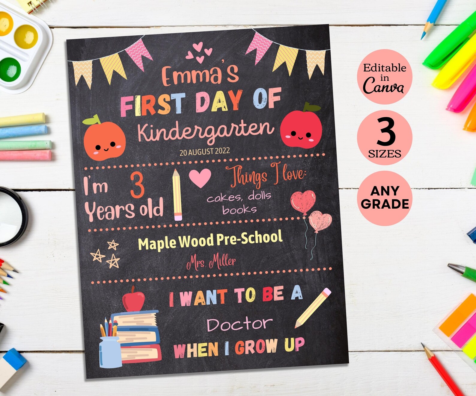 First Day of Preschool Editable Template for Girls. Back to - Etsy