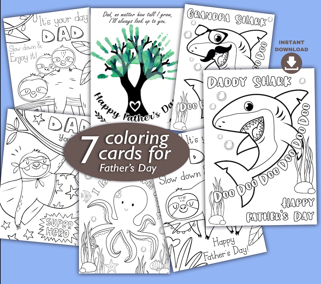 7 Fathers Day Coloring Cards for Kids. Coloring Printable Card BUNDLE ...