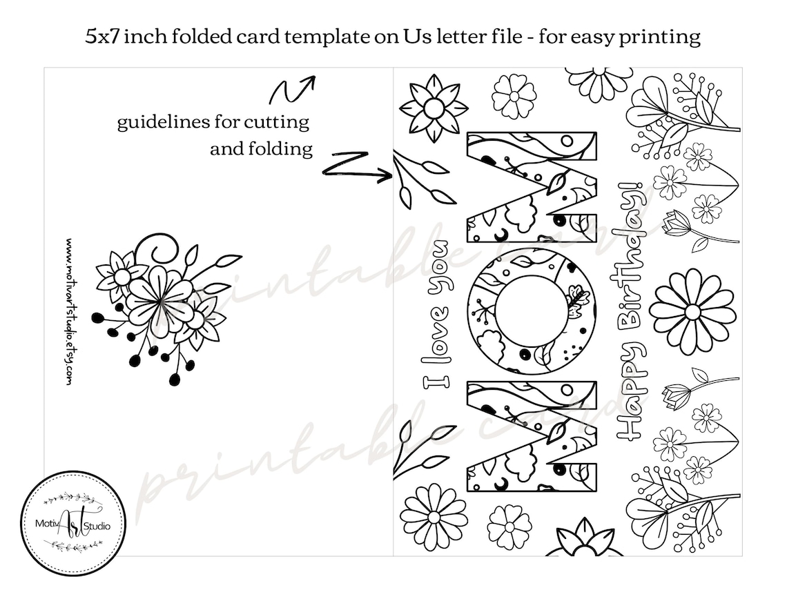 Printable Coloring Birthday Card for Mom. Cute Mom Birthday - Etsy