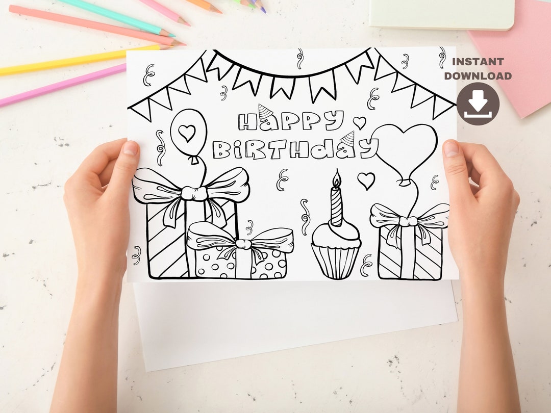 Printable Coloring Birthday Card. Instant Download Birthday Coloring ...