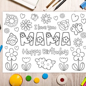 Printable Coloring Birthday Card for Mama. Cute Mom Birthday Card DIY ...