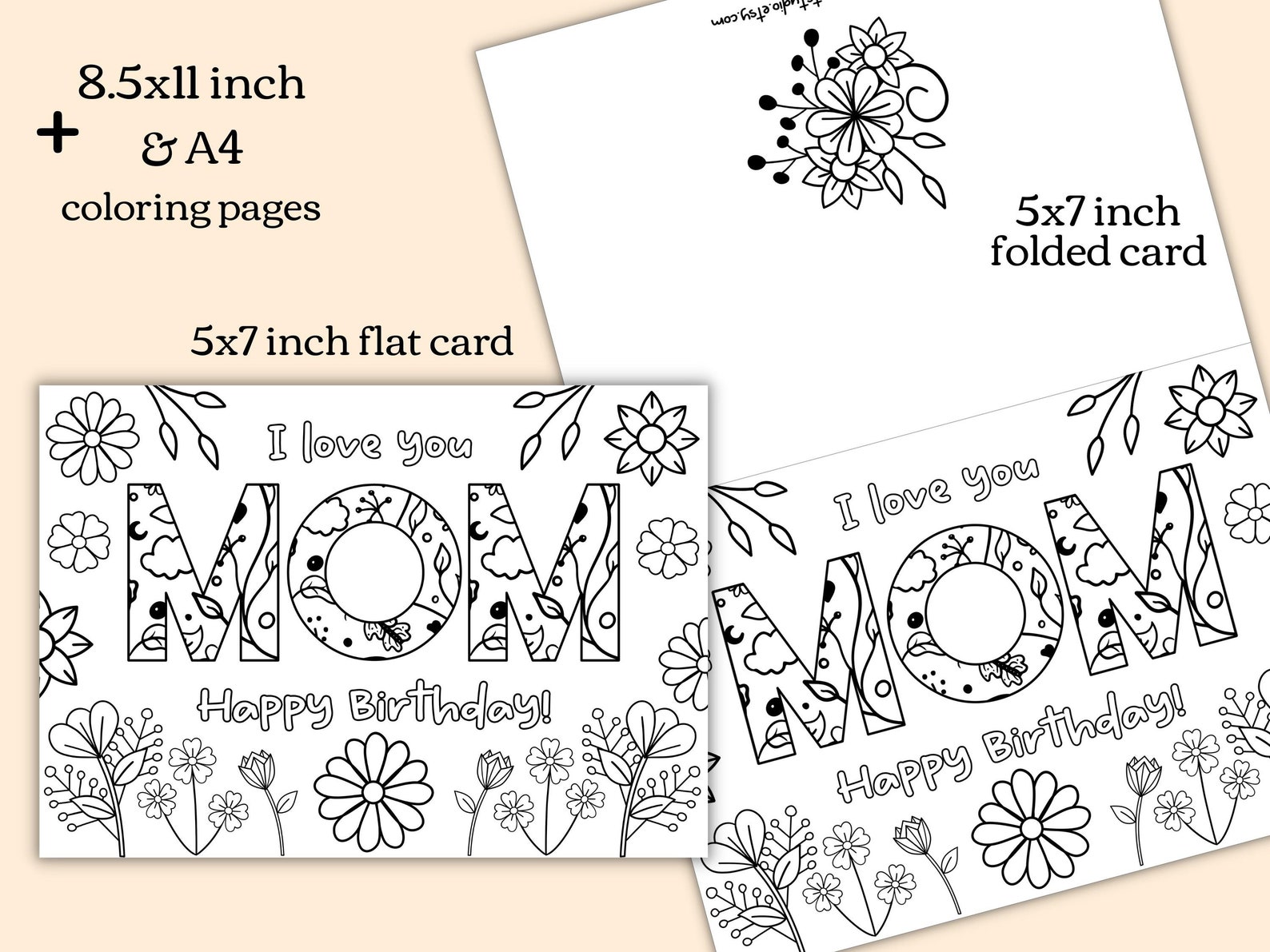 Printable Coloring Birthday Card for Mom. Cute Mom Birthday - Etsy