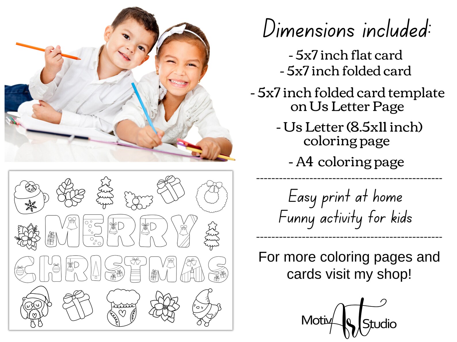 Kids Christmas Coloring Page and Coloring Card. Printable | Etsy