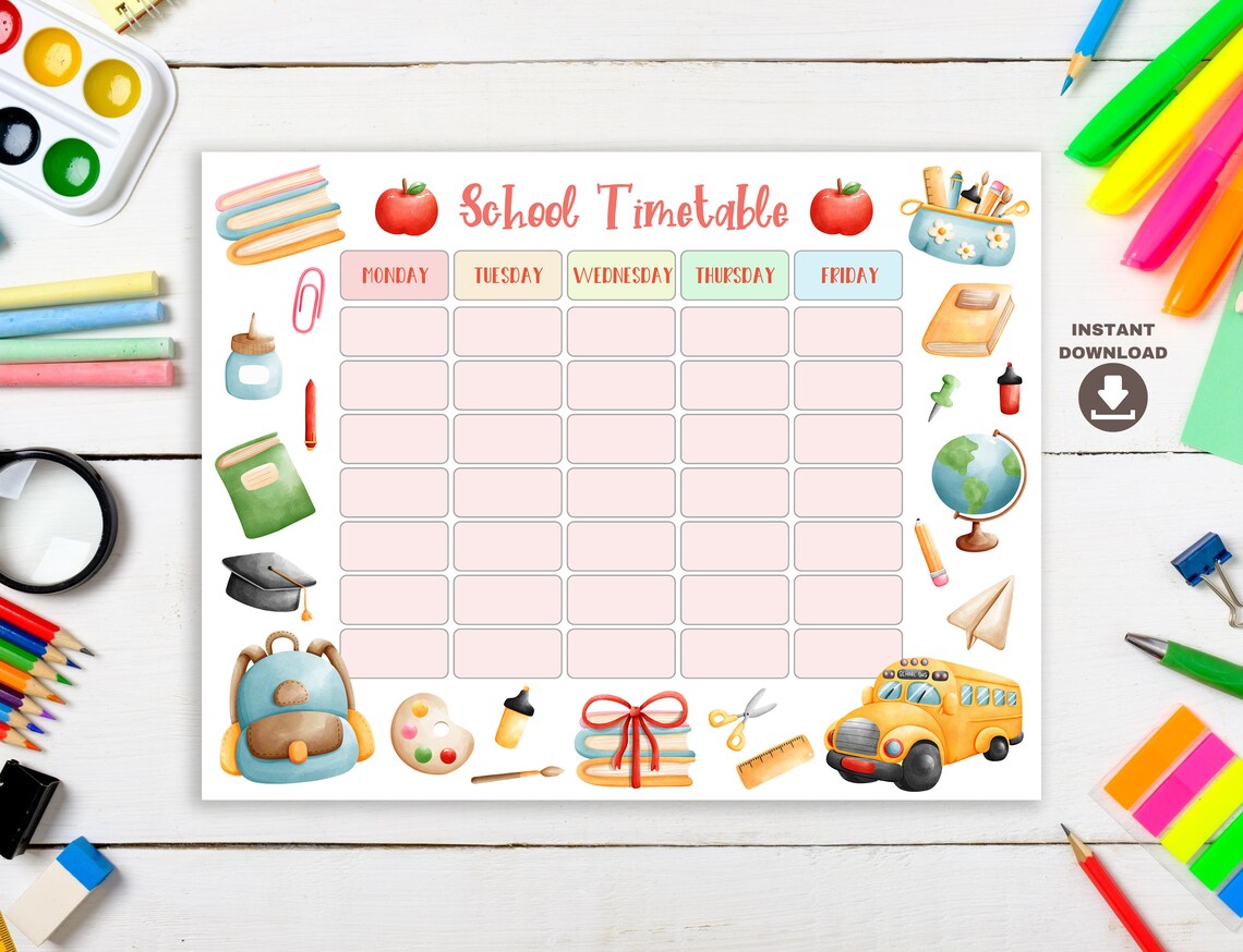 Printable School Timetable Instant Download. Back to School - Etsy