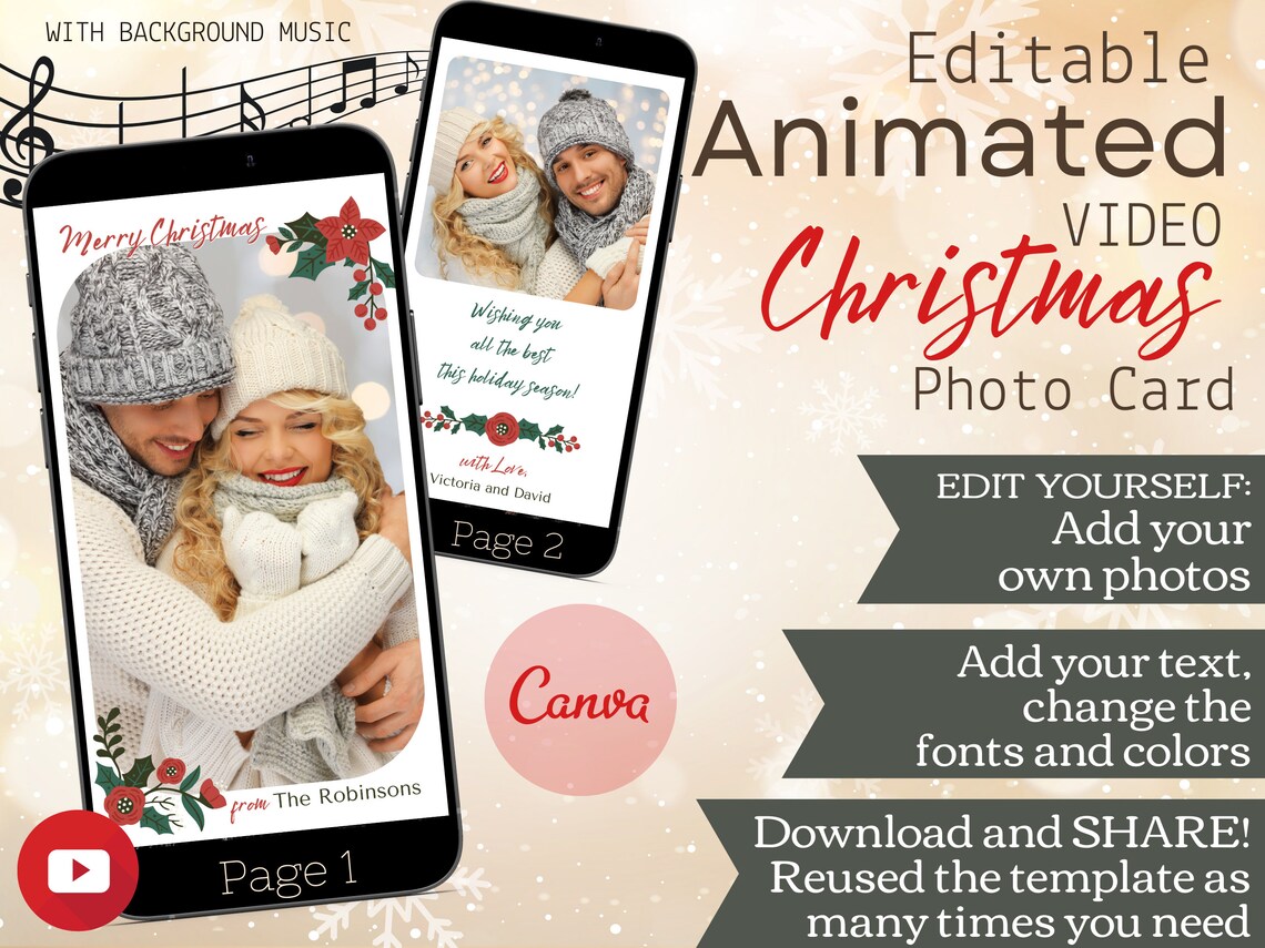 Editable Christmas Video Card Template. Editable Canva Christmas Photo ...