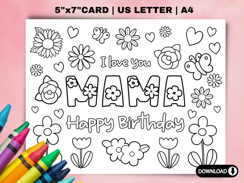 Printable Coloring Birthday Card for Mama. Cute Mom Birthday - Etsy