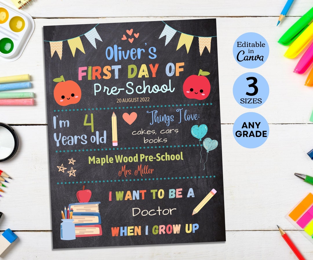 First Day of Preschool Editable Template for Boys. Back to School Sign ...
