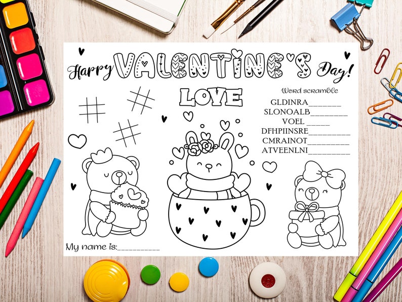 Valentine's Day Kids Coloring Placemats Pack of 5. - Etsy