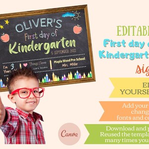 First Day of Kindergarten Editable Template. Back to School Sign. First ...