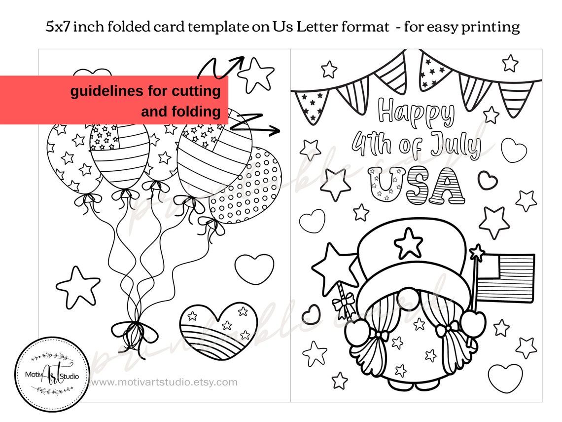 4th of July Gnome Coloring Card & Page, Patriotic Kids Activity ...
