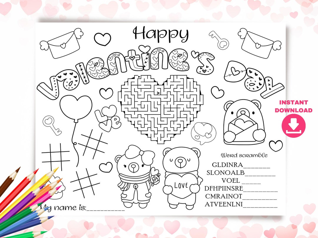 Kids Valentine's Day Coloring Placemat. Printable Valentine Placemat ...