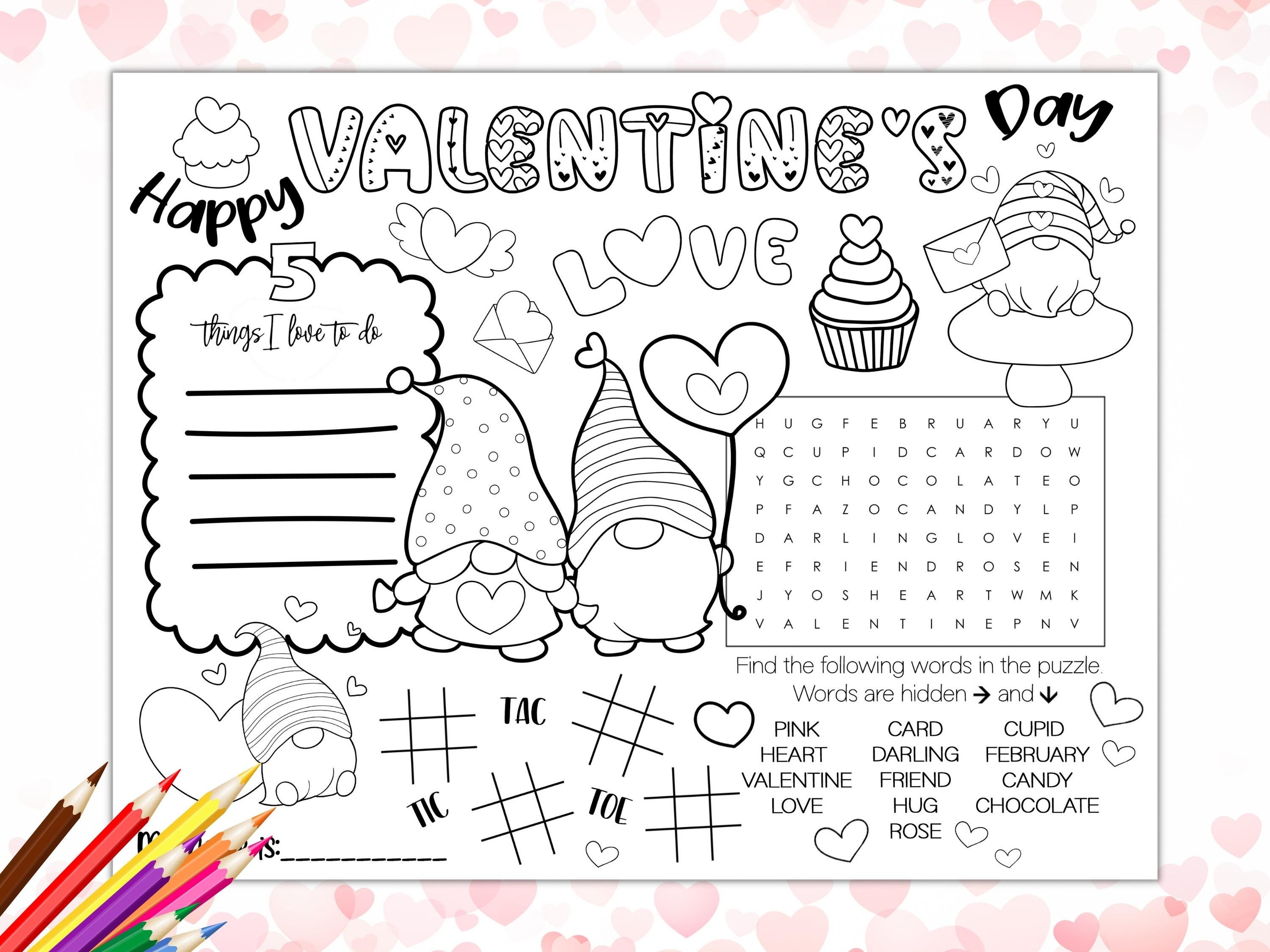 Valentine Gnomes Kids Valentines Coloring Placemat. Printable - Etsy