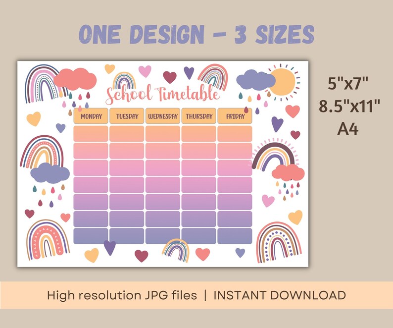 Boho Rainbow School Timetable: Printable Kids Schedule (instant ...