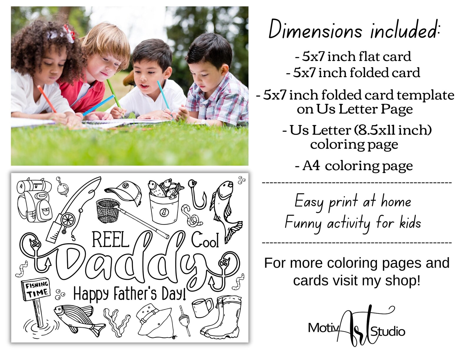 Reel Cool Daddy Coloring Card: Father's Day Fishing Gift (instant ...