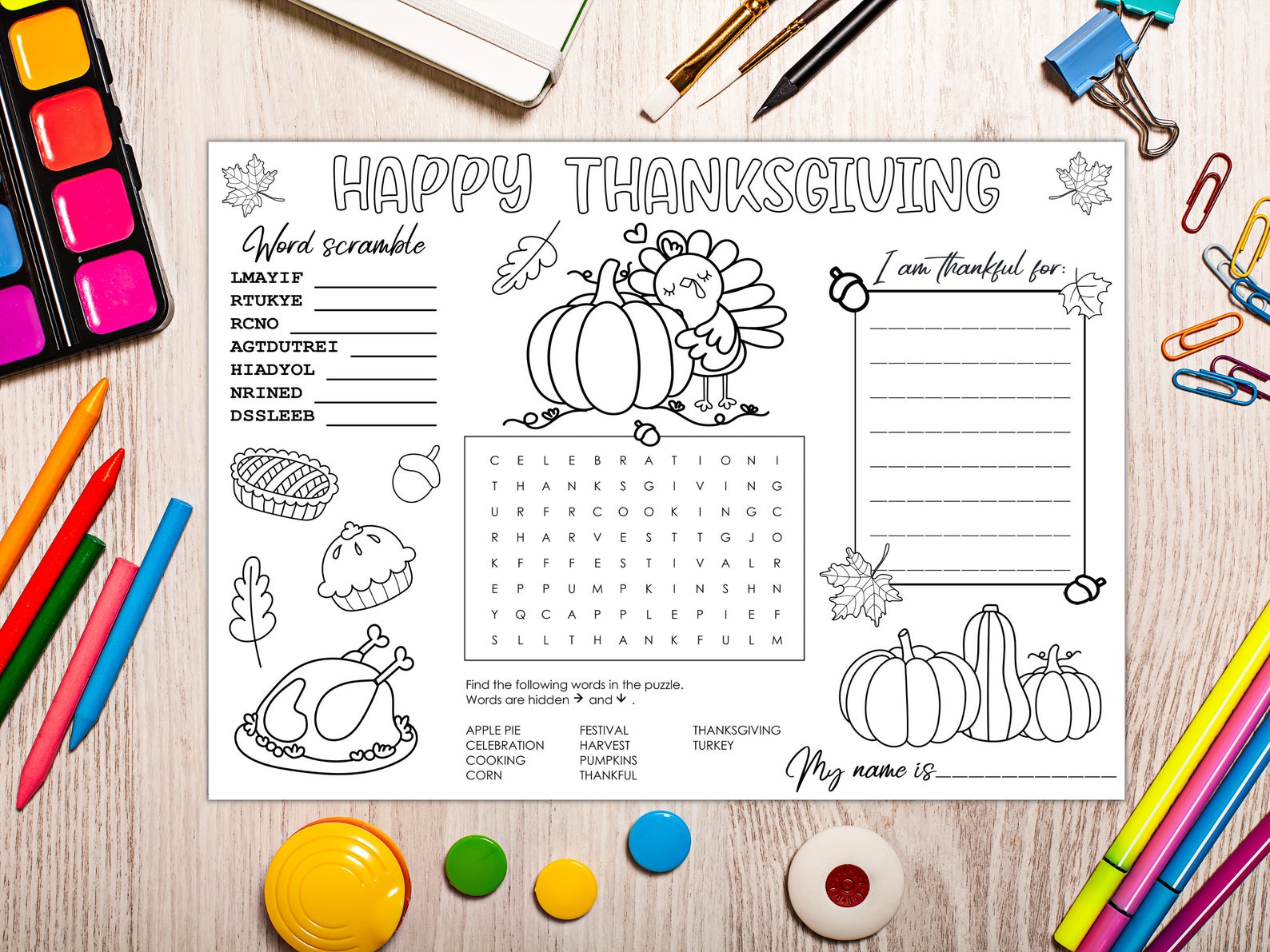 Thanksgiving Kids Coloring Placemats Pack of 5. Printable - Etsy