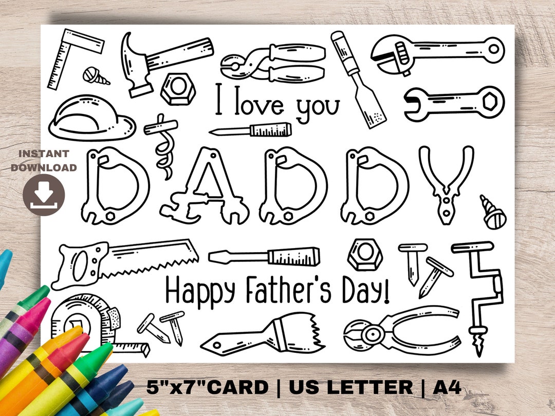 Kids Father's Day Coloring Card for Daddy With Funny Hand Tools ...