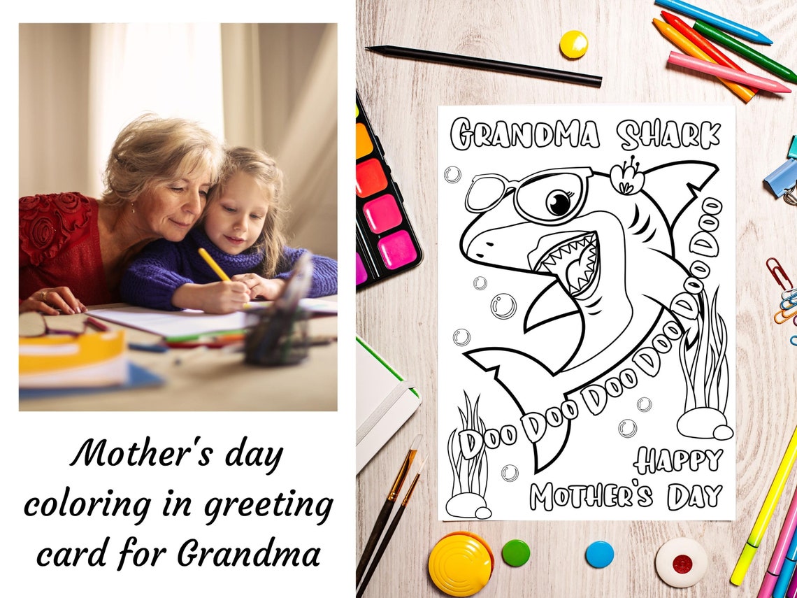 Grandma Shark Printable Mother's Day Coloring Card for Kids. Funny ...