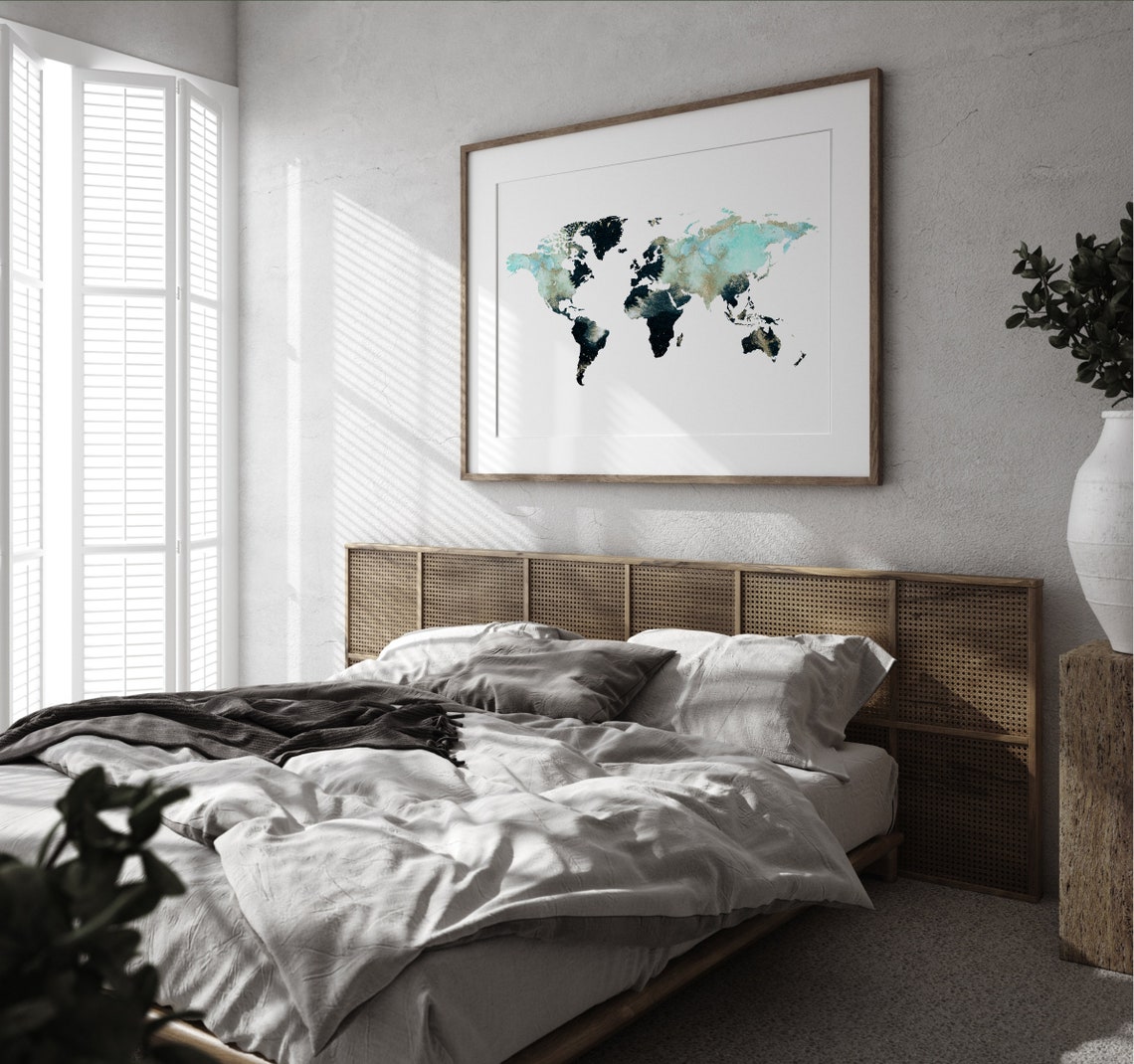 Printable Gold and Blue World Map Print. Modern Watercolor | Etsy