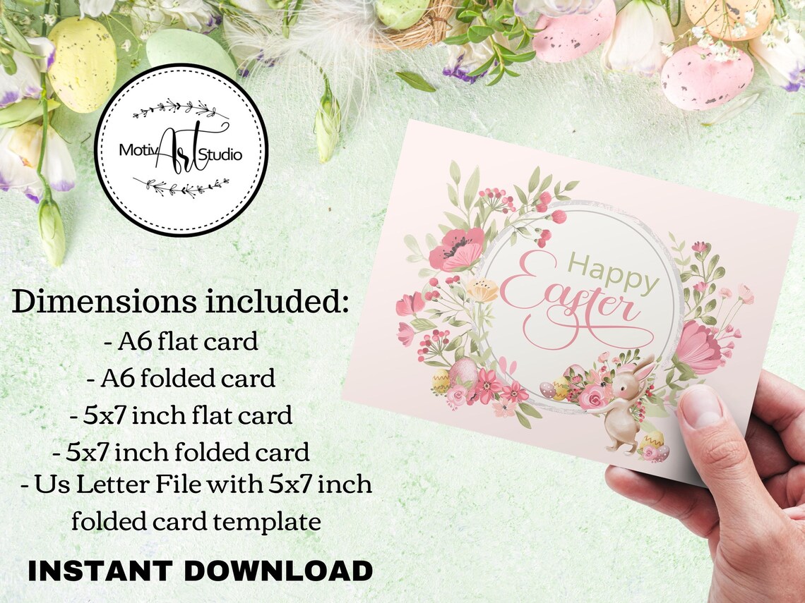 Floral Easter Bunny Card. Printable Easter Card With Spring - Etsy