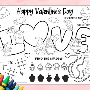 Valentine Gnomes Valentine's Day Coloring Placemat for Kids. Printable ...